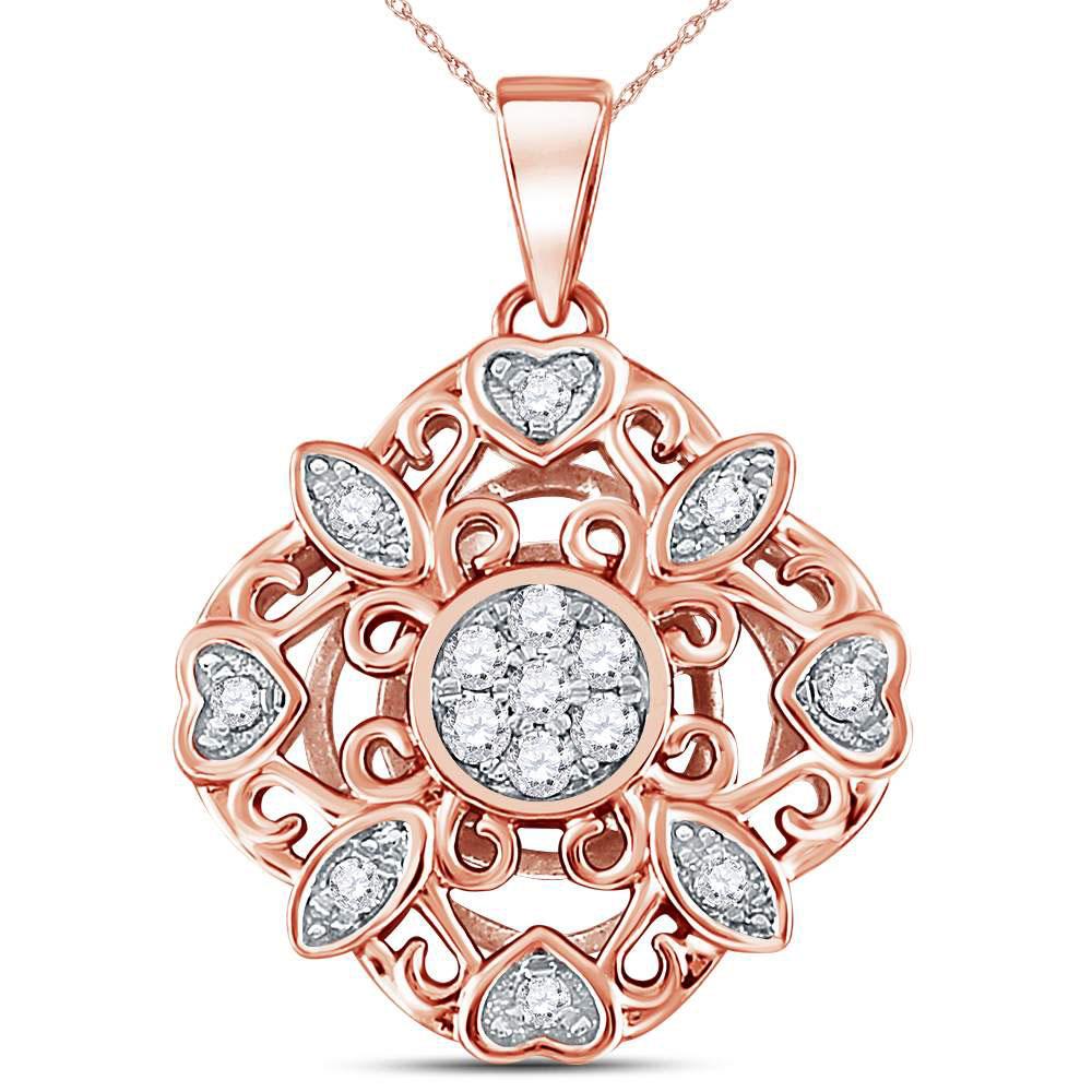14kt Rose Gold Womens Round Diamond Diagonal Square Heart Cluster Pend ...